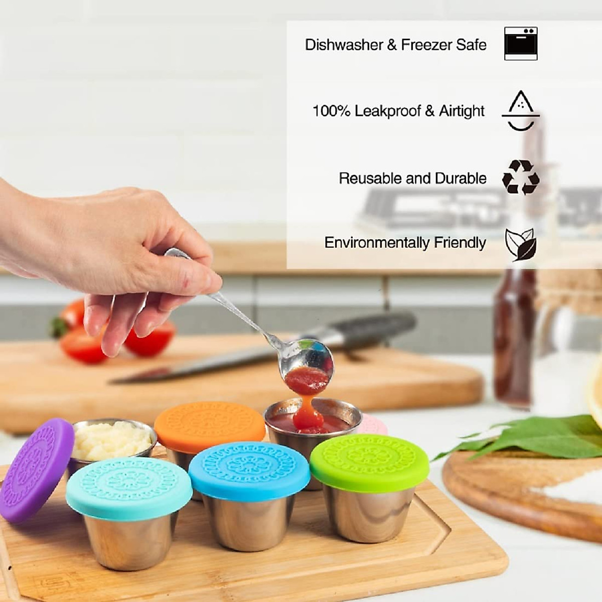 Salad Dressing Container To Go, 1.7oz Sauce Cups Stainless Steel Dips Food Storage Reusable Sauce Containers Leakproof colorful Compact Salad Sauce Cups Small Condiment Containers with Silicone Lids