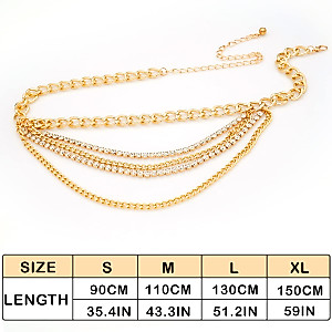 YeeHeen Rhinestone Chain Belt Multilayer Metal Waist Chain for Women Punk Chunky Chain Belts Plus Size 150CM Gold