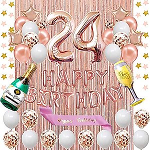 Fancypartyshop 24th Birthday Decorations - Rose Gold Happy Birthday Banner and Sash with Number 24 Balloons Latex Confetti Balloons Ideal for Girl and Women 24 Years Old Birthday Rose Gold