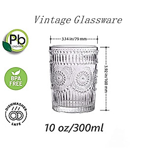 Amzcku Vintage Drinking Glass Set of 4, 10 oz - For Cocktails, Mixed Drinks, Whiskey, Beverage, Water, Milk and Juice…