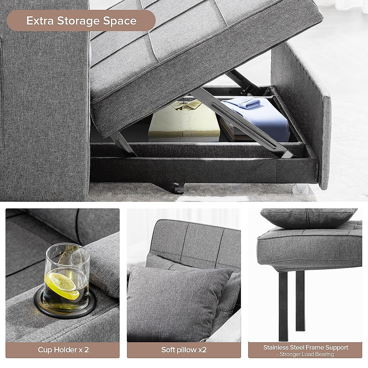 COMHOMA Sleeper Chair Bed, Convertible Sofa Bed Armchair with Cup Holders, 3-in-1 Futon Bed Chair with Side Pocket Pull Out Sofa Bed Couch for Living Room, Bedroom (Grey)