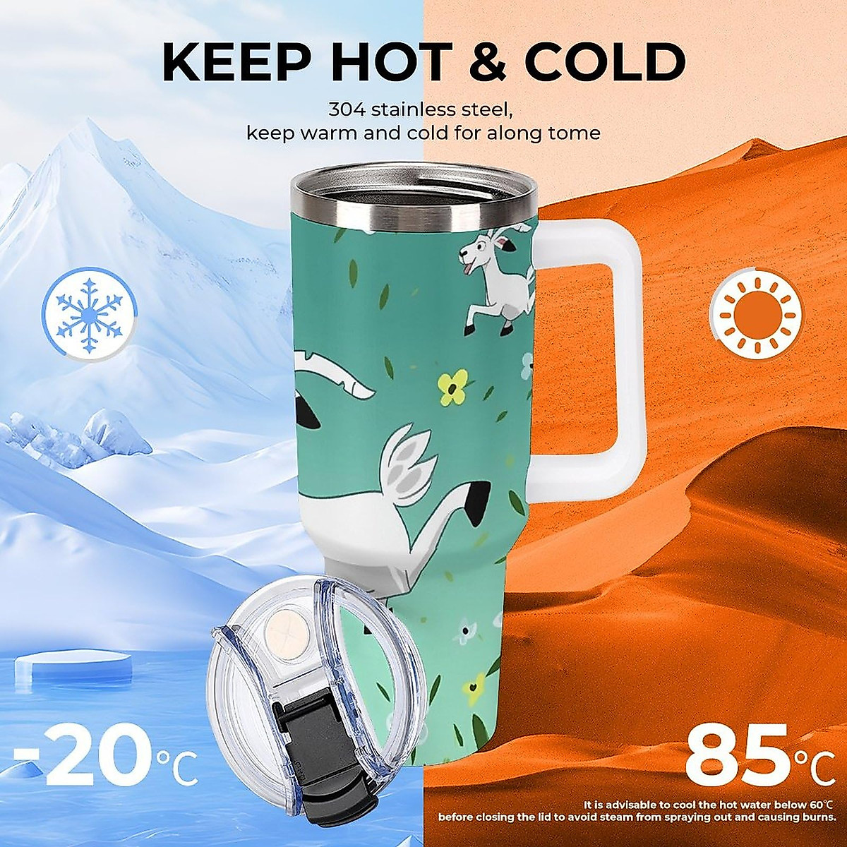 DWVSFJM Goat Frolic Insulated Tumbler 40 Oz Stainless Steel Double Wall Vacuum Travel Mug Large Capacity Car Cup Reusable Coffee Cup with Handle And Straw Lid Gifts White