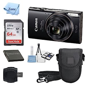 Canon PowerShot ELPH 360 HS(Black) with 12x Optical Zoom and Built-in Wi-Fi with Deluxe Starter Kit Including 64GB SDHC Flexible Tripod + Extra Battery + Protective Camera Case (Renewed)