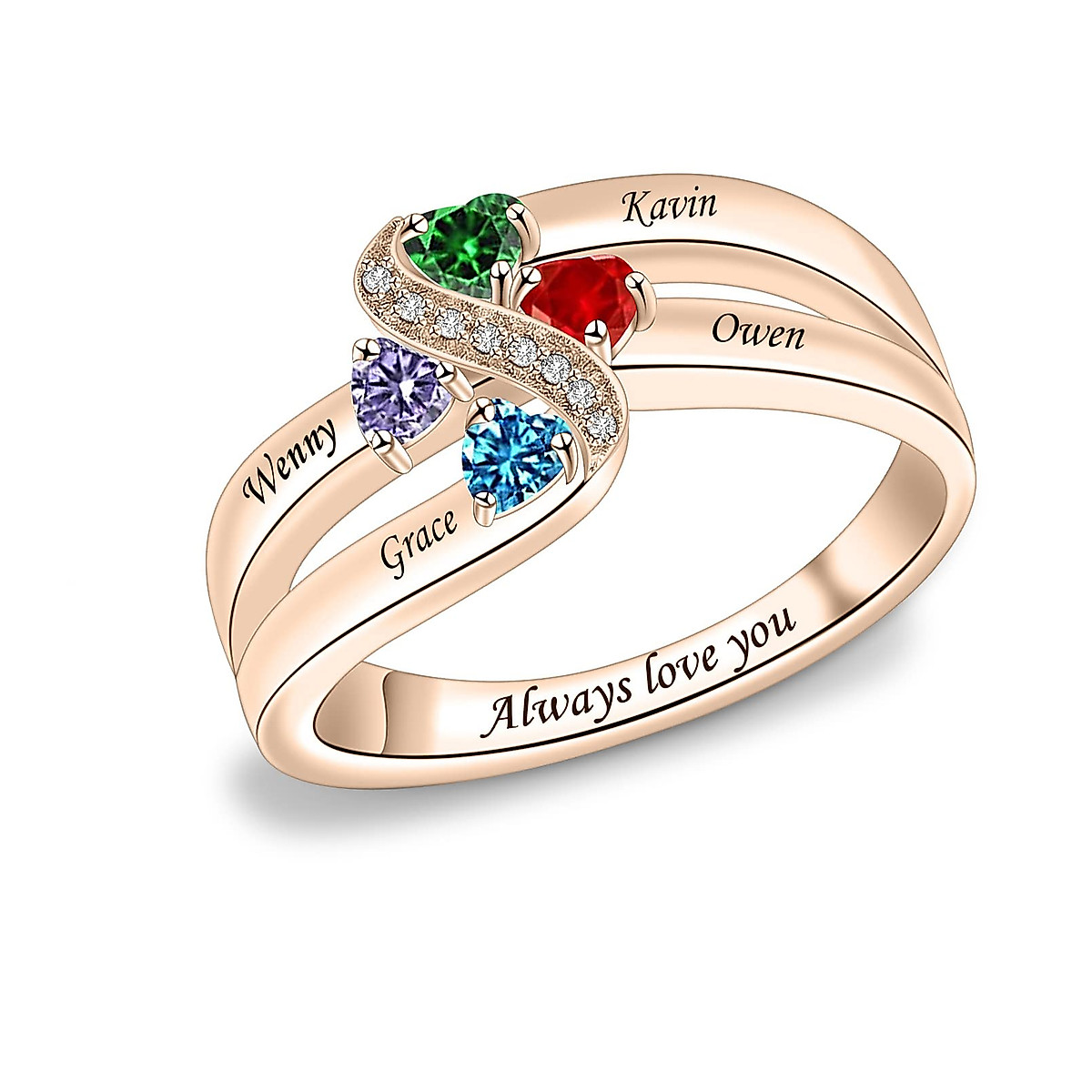 Sterling Silver Mothers Rings with 1-6 Birthstones Women Personalized Rings Engraving Family Name Rings Custom Rings for Mom Grandma Nana (4 stone)