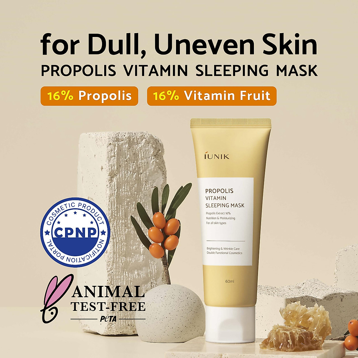 IUNIK Propolis Vitamin Glow Sleeping Mask Night Moisturizer Cream 2.03 Fl Oz Overnight Moisturizing cream Tea Tree Centella Asiatica Extracts Anti-Sagging Even Tone Rehydrate Firm Maturing Skin VEGAN