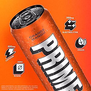 PRIME Energy ORANGE MANGO | Zero Sugar Energy Drink | Preworkout Energy | 200mg Caffeine with 355mg of Electrolytes and Coconut Water for Hydration| Vegan | Gluten Free |12 Fluid Ounce | 24 Pack