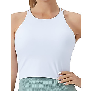THE GYM PEOPLE Women's Cross Back Sports Bra Halter Neck Workout Crop Tank Tops with Removable Pads White