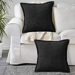 PENUFILO Black Corduroy Pillow Covers 18X18 Set of 2, Fall Soft Solid Striped Throw Pillow Covers for Living Room Couch Bed Sofa Home Decor Patchwork Textured Square Decorative Cushion Case