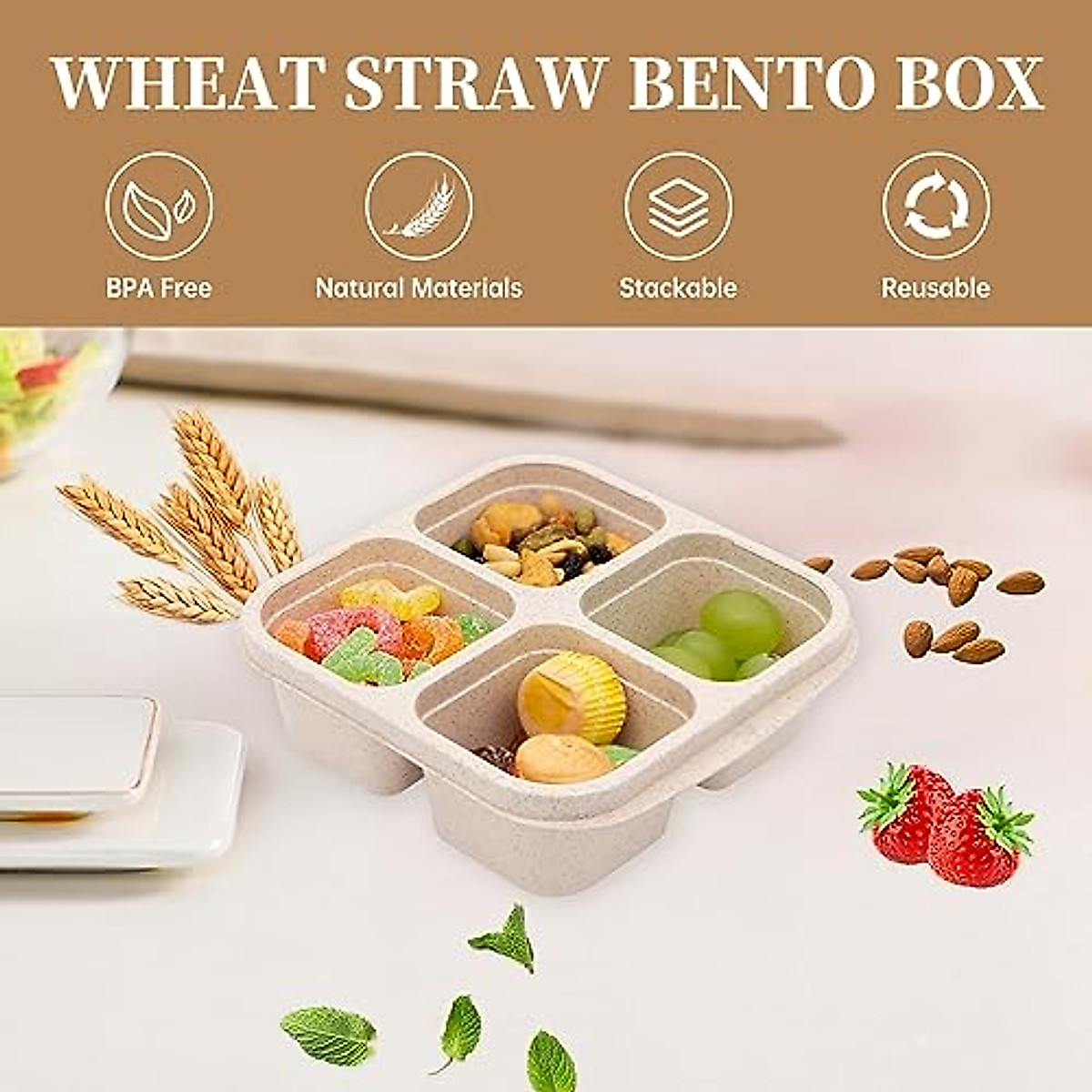 rngwaper 5 Pack Bento Lunch Box，4 Compartment Snack Containers，Divided Bento Snack Box，Meal Prep, Lunch Box Kids/Toddle/Adults,Food Storage Containers for School, Work and Travel (Multicolor-1)