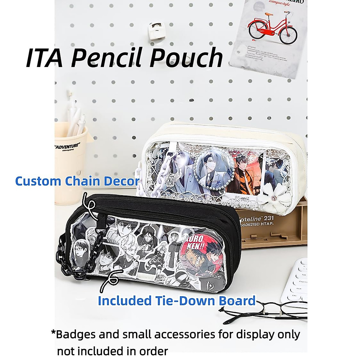 MILLEVIBE ITA Pencil Pouch - Large Capacity Office Pen Case with Clear Window for Anime Display & Chain for Easy Portability (Black)