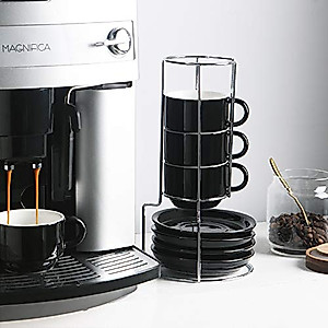 SWEEJAR Porcelain Espresso Cups with Saucers, 4 Ounce Stackable Cappuccino Cups with Metal Stand for Coffee Drinks, Latte, Tea - Set of 4 (Black)