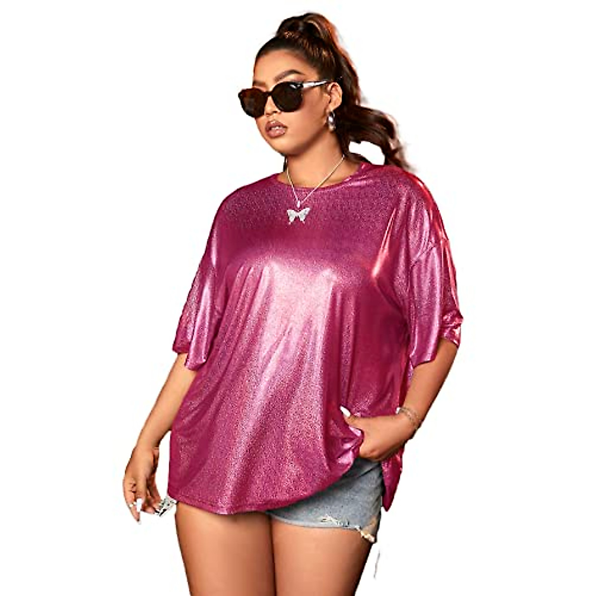 Verdusa Women's Plus Size Metallic T Shirt Drop Shoulder Oversized Tee Top Hot Pink 1XL