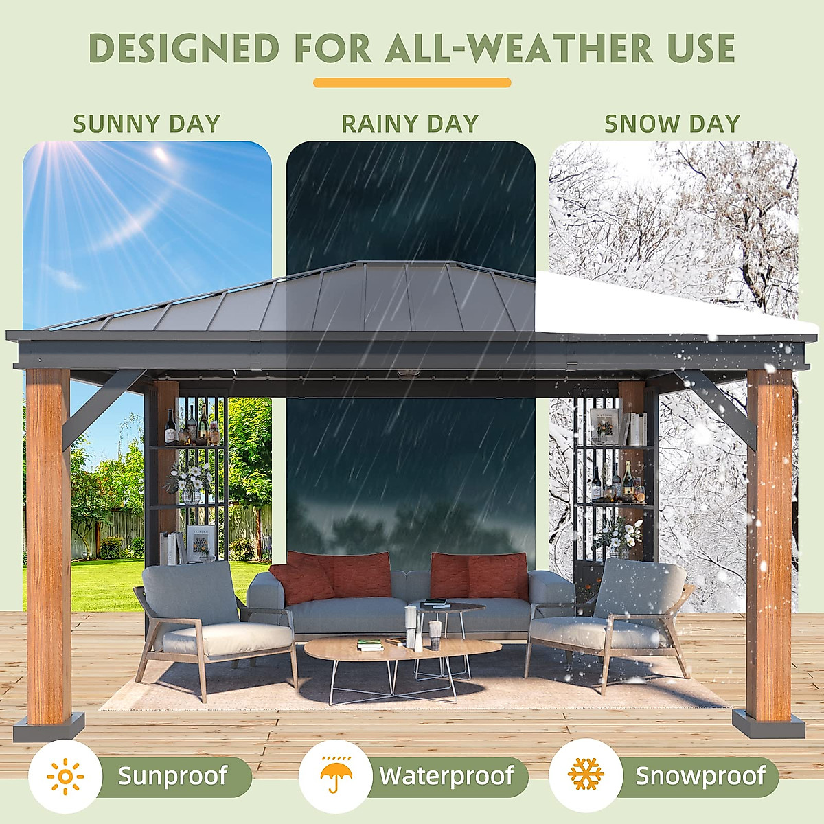 EROMMY 12'x14' Hardtop Gazebo, Galvanized Steel Top with Wood Grain Aluminum Frame, Permanent Metal Pavilion with Three-Layer Storage Shelves for Patio, Backyard, Deck and Lawns