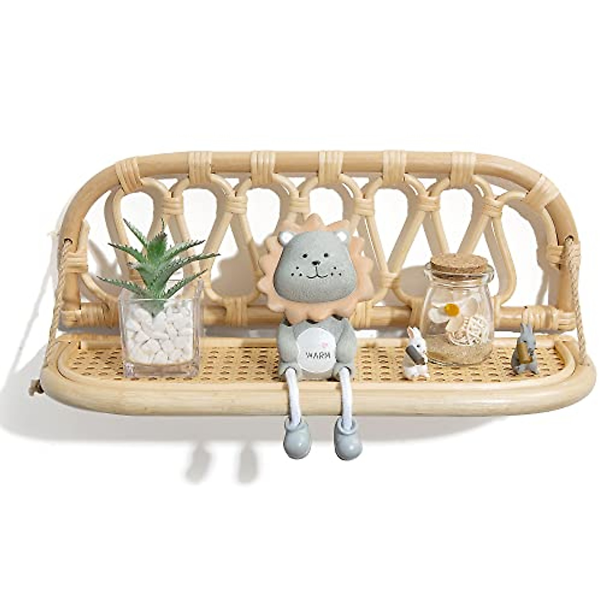 Mazjoaru Wall Shelves Rattan Shelf 16.5inch Handmade Boho Wall Decor Floating Rustic Decor for Bathroom Nursery Bedroom, Wall Mounted Natrual Rattan and Wood Storage Hanging Shelves