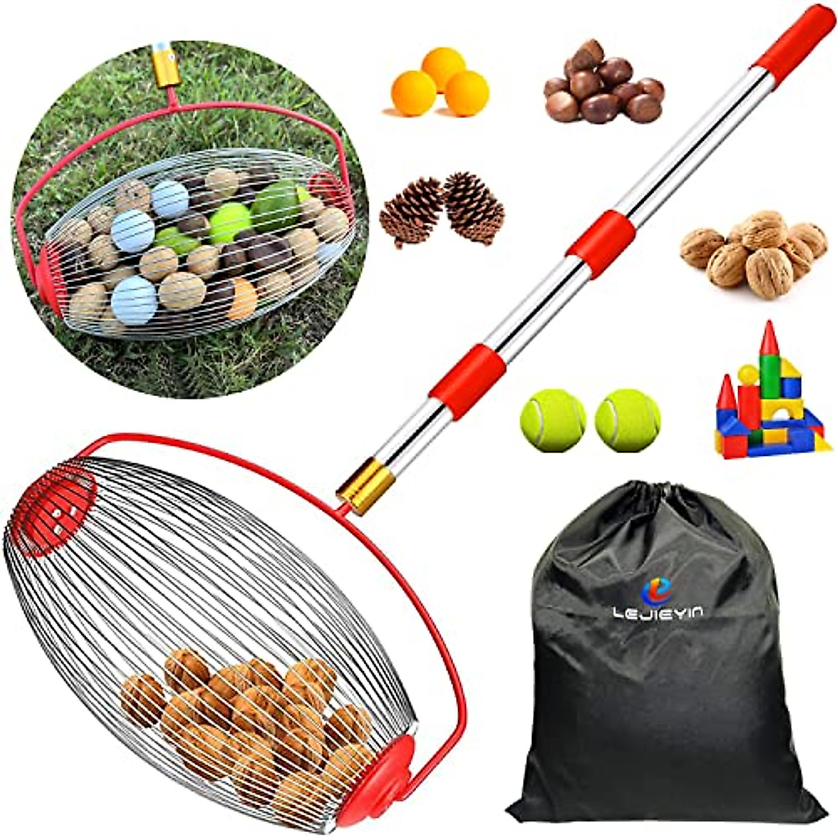 Large Nut Gatherer Rolling Nut Harvester Ball Picker Adjustable Lightweight Outdoor Manual Tools Picker Collector Walnuts Pecans Golf Nerf Darts and Ball 1'' to 3'' in Size (7.48 * 12.6in)