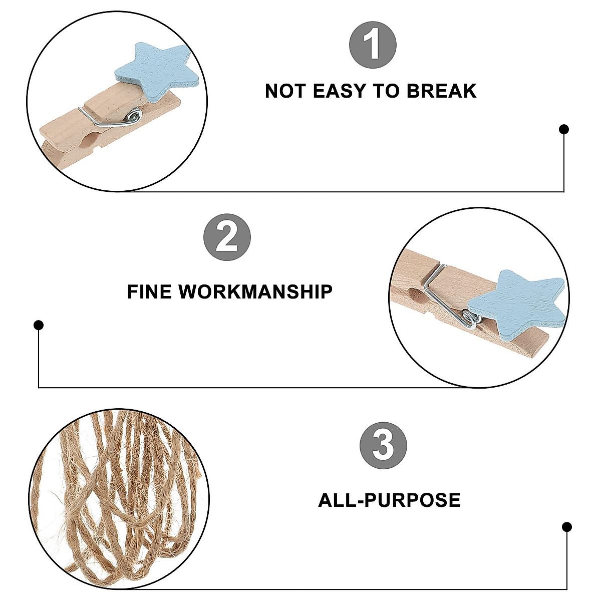 HEALLILY 100pcs Mini Wooden Clothespins Star Shape Wall Hanging Photo Clips Picture Pegs Craft Clips with Hemp Rope Blue