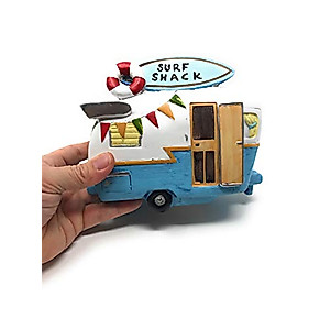 MWD Miniature Fairy Garden Retro Airstream RV Beach Camper Trailer Surf Shack Decor, Mini and Dollhouse Accessories, Surfer Camping Lover Coastal Beach Themed Home Decorations, Resin, 6"