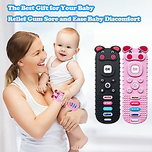 ROBBEAR Baby Teething Toys, Food Grade Silicone Teethers for Babies 3 6 12 18 Months, Fire TV Remote Shape Infant Chew Toys for Boys and Girls, Freezer BPA Free (Pig Black + RTV Black)