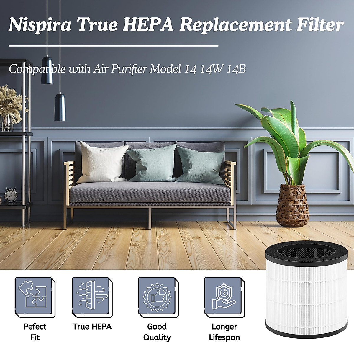 Nispira True HEPA Replacement Filter Compatible with Medi MA Air Purifier Model 14 14W 14B. 1 Pack