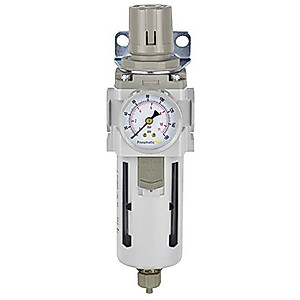 PneumaticPlus SAW400-N04BG Compressed Air Filter Regulator Piggyback Combo 1/2" NPT - Poly Bowl, Manual Drain, Bracket, Gauge