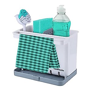 Kitchen Sink Caddy Dish Brush Sponge Holder with Divider and Removable Drain Pan for Brushes Dishcloth Scrubber Accessories, Dishes Caddies Organizer Storage with Drainer Drip Tray for Countertop