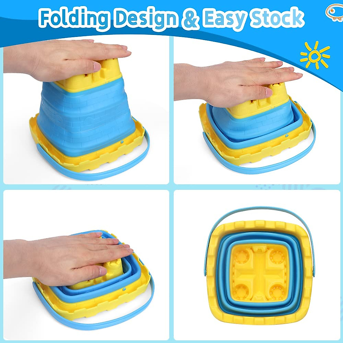 3L Jumbo Foldable Buckets, Castle Sand Beach Toy Silicon Pails For Kids Adults, Collasible Water Bucket Sandbox Kit Multi Use Summer Essential For Travel Cleaning, Camping, Picnic, Fishing 3 PCS