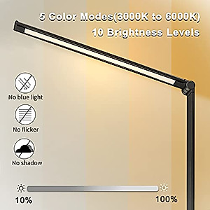 LED Desk Lamp with Wireless Charger USB Charging Port Touch Control Led Desk Light with 5 Modes 10 Brightness Eyes Caring 30/60 Mins Auto Timer Adjustable Arm Black Desk Lamps for Home Office Dorm