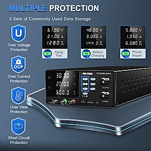 NICE-POWER DC Power Supply Variable, 30V 20A 600W High Power Bench Power Supply for Battery Charging, Adjustable Switching Regulated Power Supply with OCP, Memory Storage, Output Switch, Lock Button