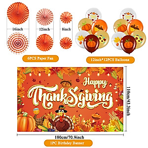 Trgowaul Happy Thanksgiving Day Decorations, 29pcs Orange thanksgiving Party Supplies, Give Thanks Banner Backdrop, Hanging Swirls&Paper Fan Flower Swirl Autumn Balloons, Fall Party Decorations Set