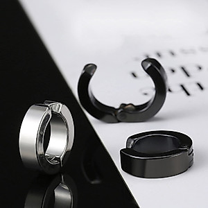 YUNXI 2 Pairs Black Silver Cuff Earrings for Men's Women Punk Rock Stainless Steel Circle Round Shape Design Hoop Earrings (2 Pairs- Silver+Black)