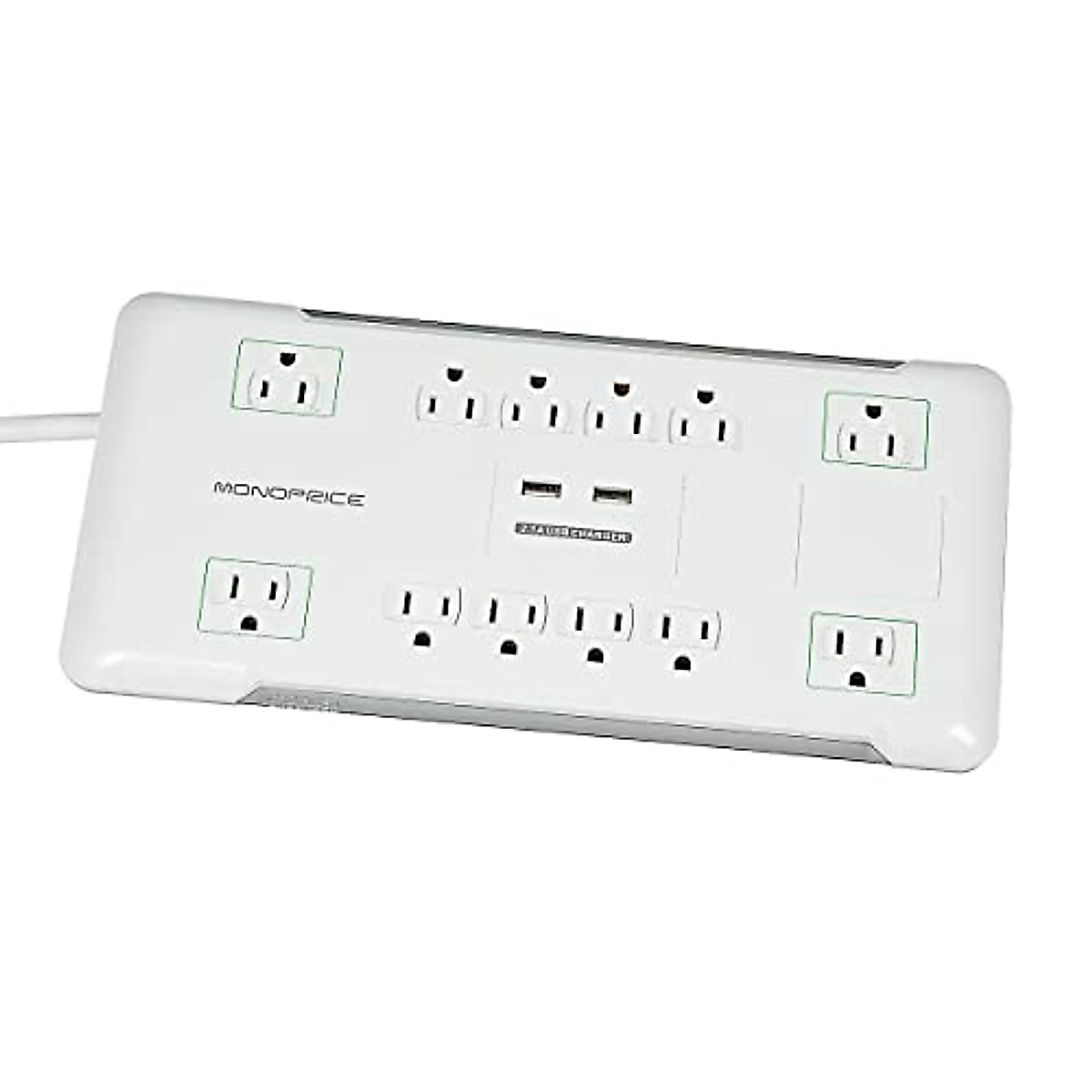 Monoprice Power & Surge - 12 Outlet Surge Protector Power Strip With 2 Built In 2.1A USB Charger Ports - 6 Feet - White | Cord UL Rated, 3,420 Joules With Grounded And Protected Light Indicator