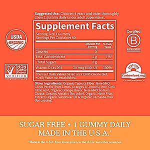 Garden of Life Kids Organic Vitamin D3 Gummies with 800 IU (100% Daily Value) for Strong Bones, Teeth, Brain & Immunity – Non-GMO, No Gluten, Vegetarian, Sugar Free, Orange Flavor, 60 Servings