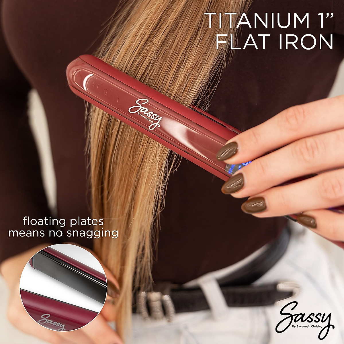 Sassy 1” Titanium Flat Iron, Adjustable Heat Hair Straightener with Ion Generator, Liquid Crystal Display with 10 Temperature Settings (Maroon)