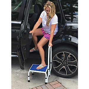 AdjustaStep(tm) Deluxe Step Stool/Footstool with Handle/Handrail, Height Adjustable. 2 Products in 1. Modern White/Blue Design. Padded Non-Slip Handle. 300 lb. Capacity