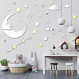 82 Pieces Moon and Stars Mirror Decals Removable 3D Acrylic Mirror Stickers Moon and Stars Wall Stickers Home Decor for Living Room Kids' Room Nursery Decoration