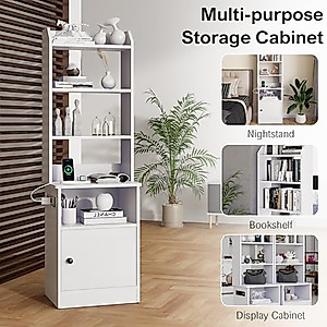 Aufvolr 6 Tier Bookshelf with Cabinet，Tall Night Stand with Charging Atation, Wood Book Shelf Storage Organizer, Modern Display Standing Shelf Unit for Bedroom, Living Room, Office (White)