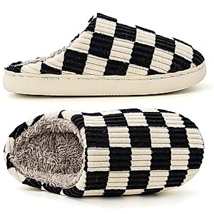 Mukinrch House Slippers for Women Men, Plush House Shoes Memory Foam Checkered Slippers Womens Casual Fuzzy Bedroom Indoor Outdoor Plaid Shoes with Fur Lining