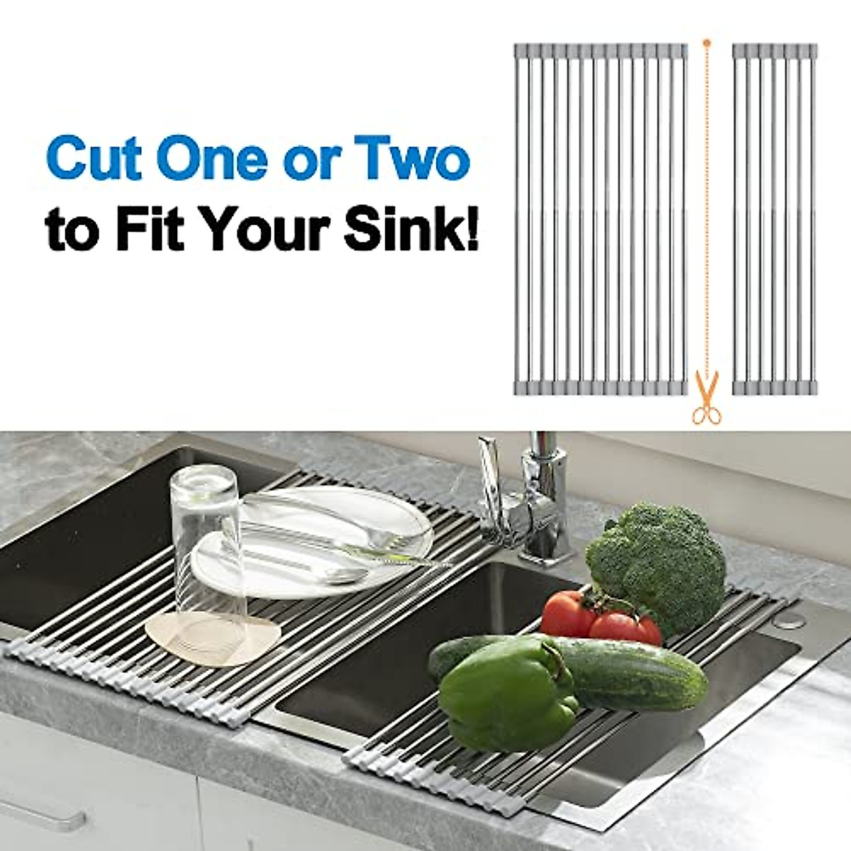 CSUNNUFA Roll Up Dish Drying Rack, 12"-21" Expandable Over The Sink Dish Drying Rack Sink Dish Drainer, Portable Stainless Steel Rolling Drying Rack for Kitchen Sink (21"x14.6", Grey)