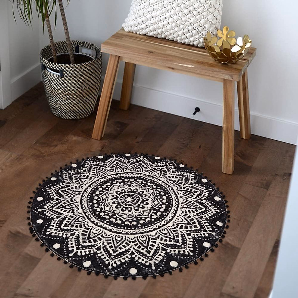 Uphome Small Round Rug 2.3’ Black Mandala Boho Bathroom Rugs with Pom Poms Fringe Washable Circle Shower Mat Soft Non-Slip Cute Circular Throw Rug for Sink Powder Room Bedroom Kids Room Nursery