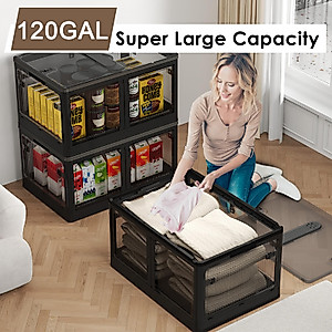 120GAL Stackable Storage Bins with Lids, Closet Organizer and Storage Drawer, Collapsible Storage Bin with Wheels, Plastic Folding Storage Cabinets Cubes Shelf for Home Office Dorm Organization, Black