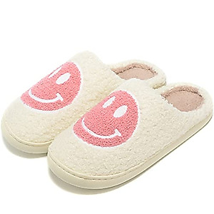 Retro Fuzzy Face Slippers for Women Men, Retro Soft Fluffy Warm Home Non-Slip Couple Style Casual Smiley Face Slippers Indoor Outdoor Anti-Skid Warm Cozy Foam Slide Fuzzy Slides with Soft Memory Foam Shoes