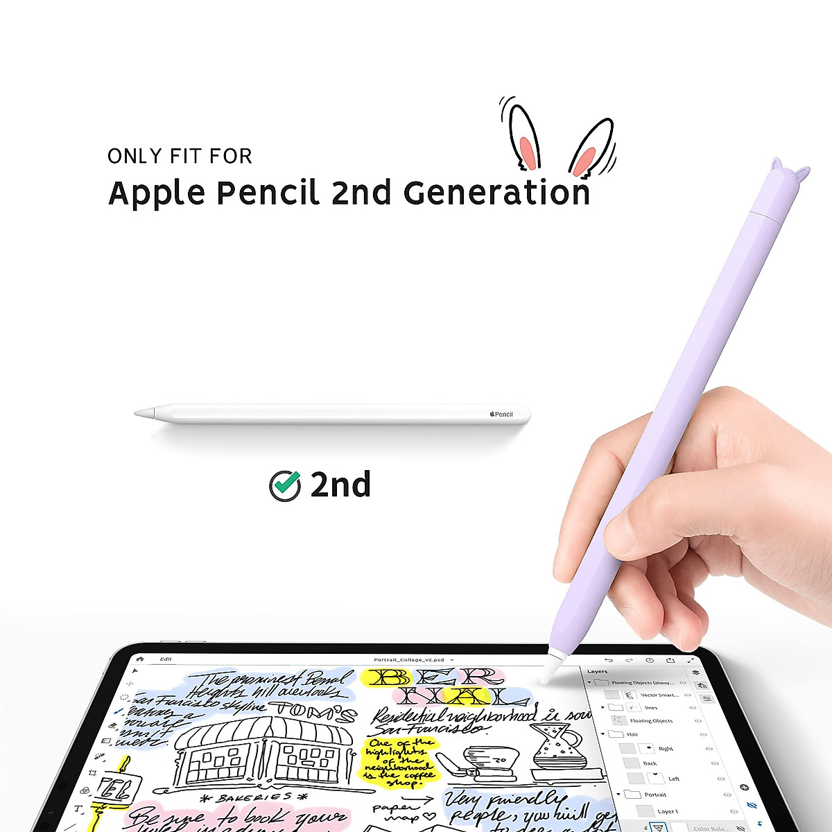 3 Pack Cute Ear Case Silicone Skin Cover for Apple Pencil 2nd Generation Accessories Compatible with iPad Pro 11 12.9 inch(White, Pink,Purple)