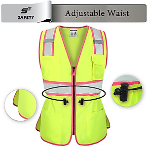 Hi Vis Safety Vest for Women, Working Drawstring waist Construction Vest with Pockets and Zipper, Womens Safety Vest, ANSI Type R Class2, Yellow Pink Strips, M