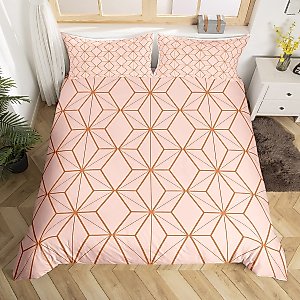 Geometric Bedding Duvet Cover Set Kids Geometry Bedding Set Modern Abstract Art Comforter Cover Set for Boys Room Decor Lightweight Golden Pink Bedspread Cover Full Size with 2 Pillow Case