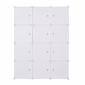 Wardrobe 12 Cube Organizer Stackable Plastic Cube Storage Shelves Design Multifunctional Modular Closet Cabinet with Hanging Rod White Doors