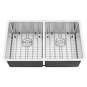 CozyBlock 32 in. x 19 in. x 10 in. 16-Gauge Stainless Steel Undermount 50/50 Double Bowl Kitchen Sink with Bottom Grid, Silicon Dishrack, Pot Mat and Strainer