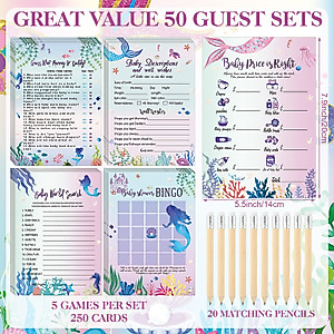 Patelai 321 Pcs Baby Shower Games Supplies, 5 Sets (50 Cards Each) Activities Cards with 20 Pencils 1 Don't Say Baby Sign 50 Clothespin(Mermaid)
