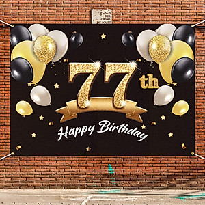 PAKBOOM Happy 77th Birthday Banner Backdrop - 77 Birthday Party Decorations Supplies for Men - Black Gold 4 x 6ft