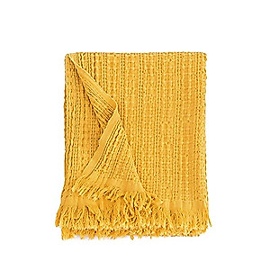 Simple&Opulence 100% Cotton Throw Blanket for Couch, Bed, Waffle Weave Knit Blanket with Tassels, Soft Lightweight Pre-Washed Breathable Cozy Blanket Farmhouse Decoration for All-Season (Gold Yellow)