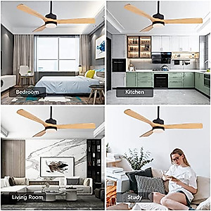 revoici 52” Ceiling Fans with Lights Remote Control,Indoor Outdoor Wood Ceiling Fan with 3 Blade for Patio Living Room, Bedroom, Office, Summer House, Etc